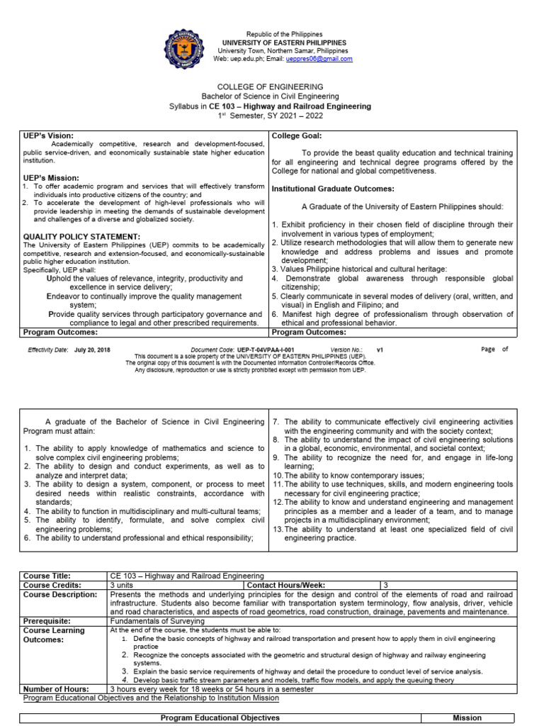 Syllabus CE 103 - Highway _ Railroad Engineering | Download Free PDF | Engineering | Academic ...