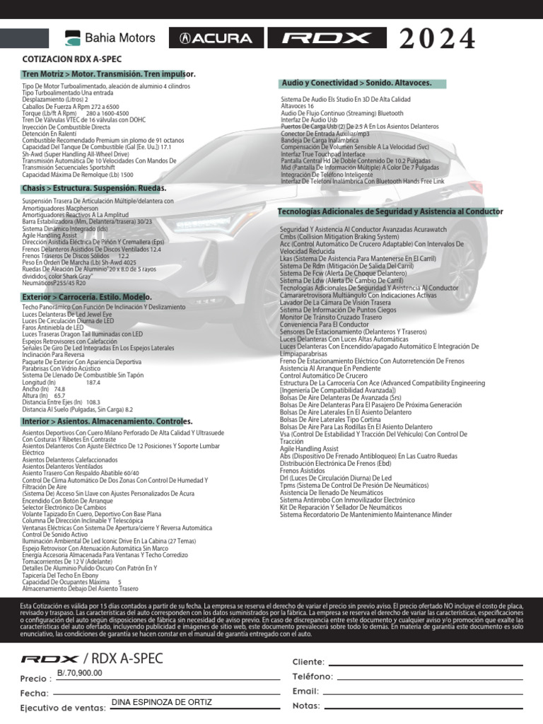 Cotización Acura RDX A-SPEC 2024 | PDF | Airbag | Diodo emisor de luz