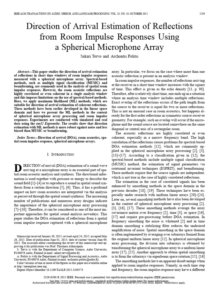 Direction of Arrival Estimation of Reflections From Room Impulse Responses Using A Spherical ...