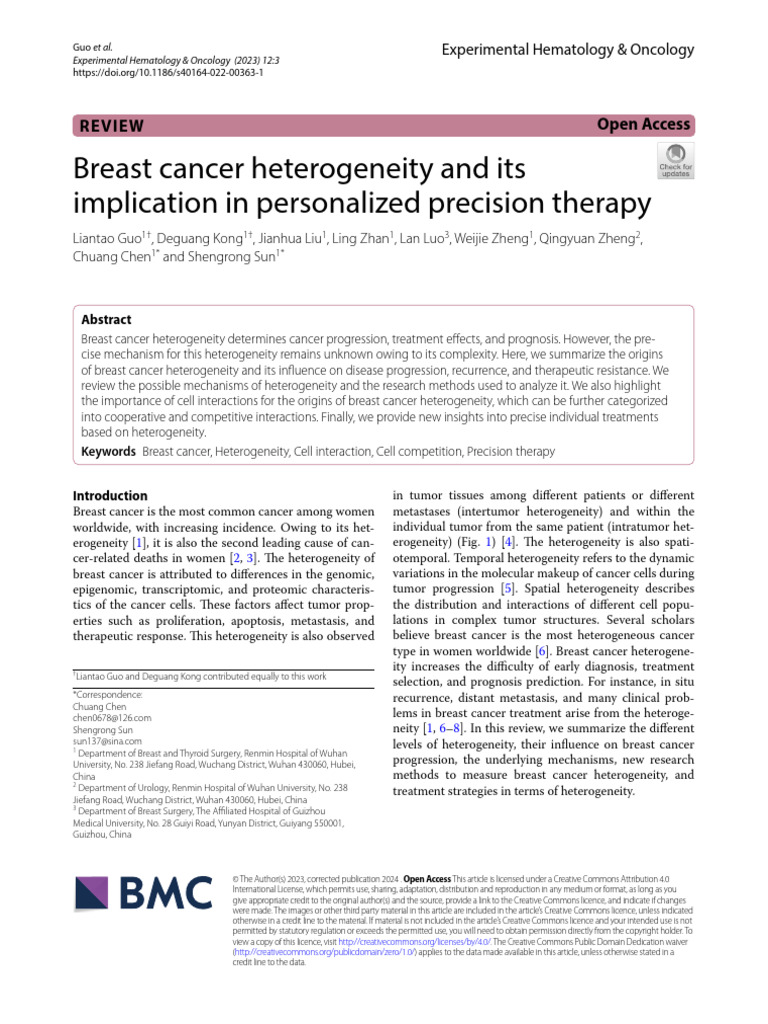 Breast Cancer Heterogeneity and Its Implication in Precision Medecine ...