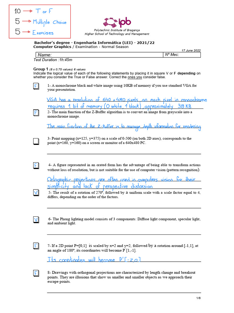 Exame1_2022 - EN | PDF | 3 D Computer Graphics | Display Resolution