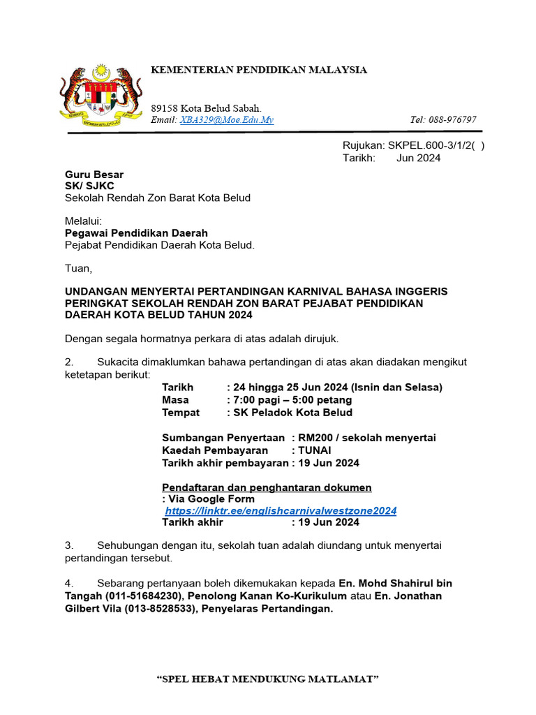 Jemputan Menyertai Pertandingan Karnival Perpaduan Bahasa Inggeris Piala Menteri Pendidikan ...