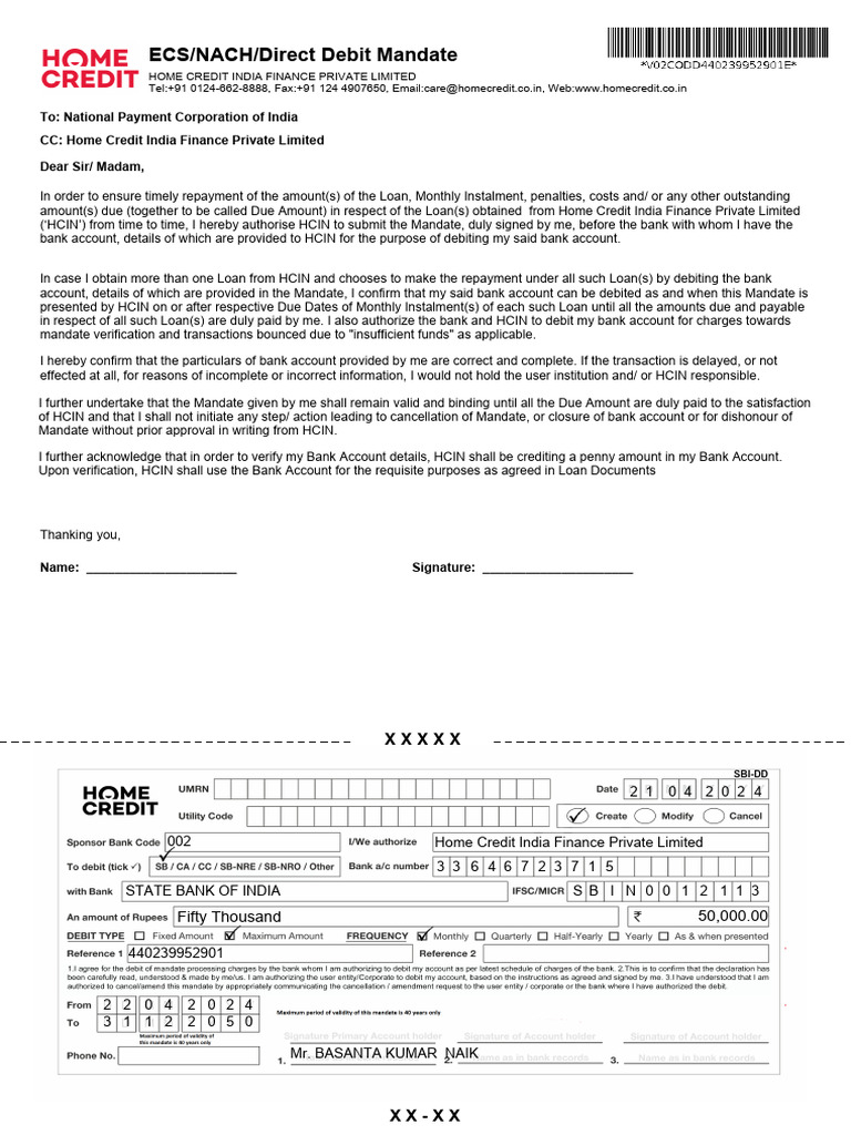 Direct Debit Mandate for HCIN Loans | PDF | Banks | Debit Card