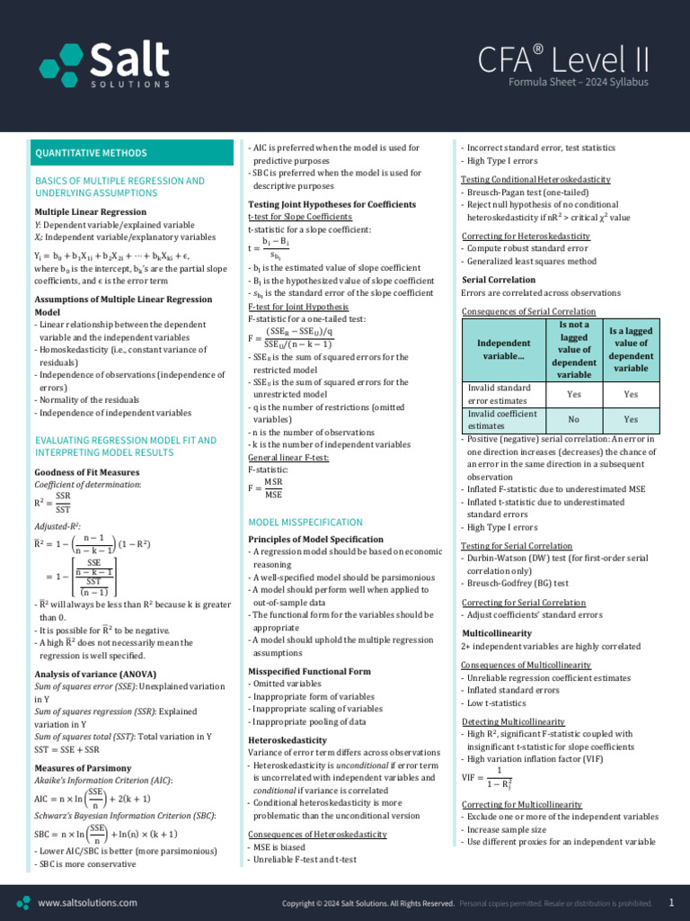 Salt Cfa Level 2 Formulasheet 2024 | PDF | Errors And Residuals | Regression Analysis