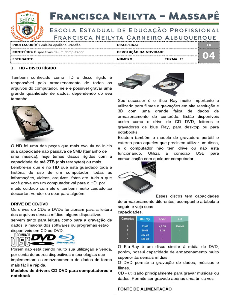 Zuleica Apoliano Brandao - TD04 - Disciplina - 3ºcurso | PDF | Drive de disco rígido ...