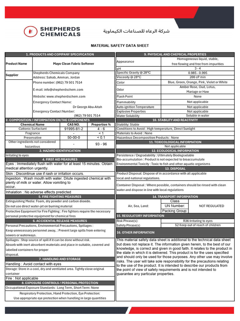 Msds-Fabric Softener | Download Free PDF | Chemistry | Materials