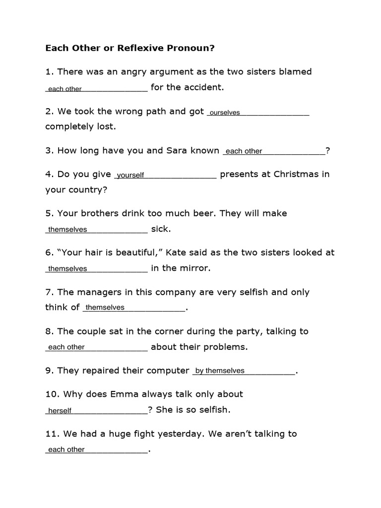 Each Other or Reflexive Pronoun | PDF