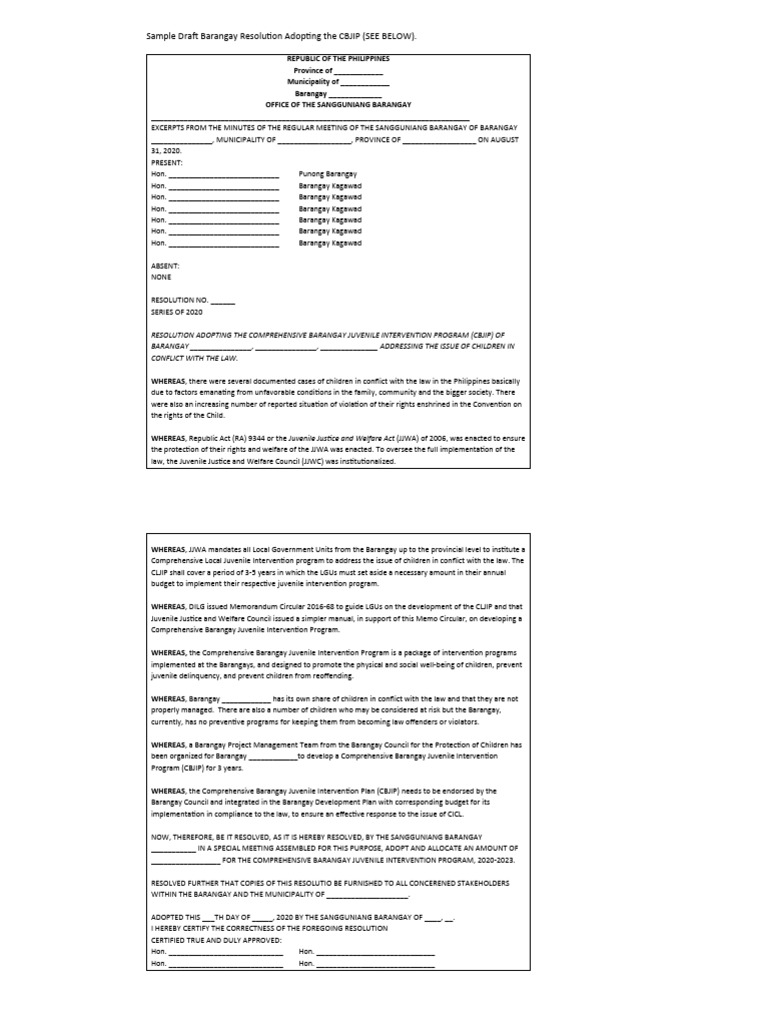 Barangay Resolution Adopting The CBJIP | Download Free PDF | Government ...