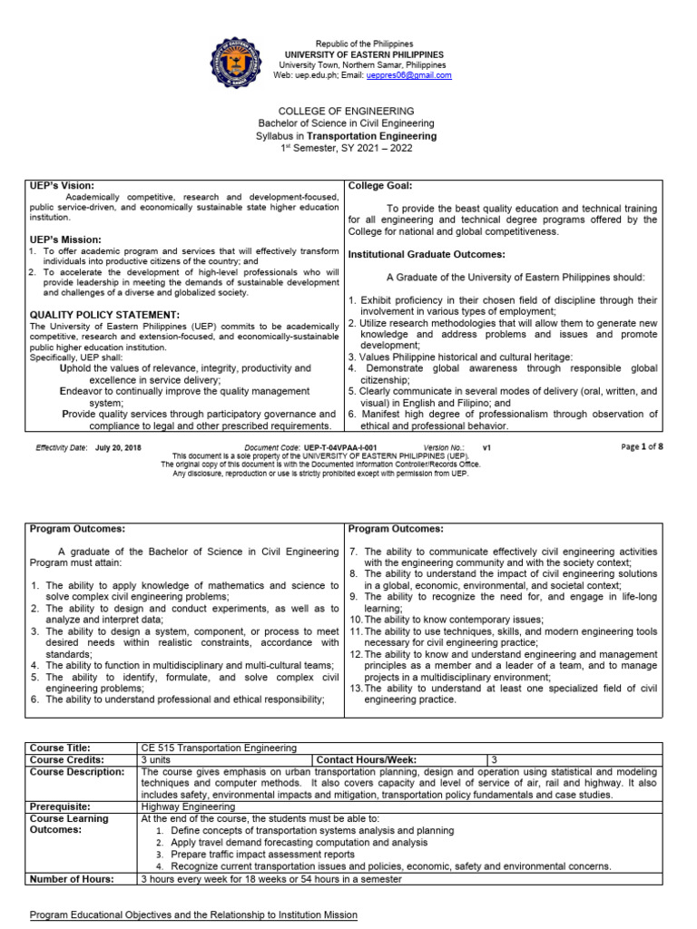Syllabus - Transportation Eng - G | PDF | Engineering | Academic Dishonesty