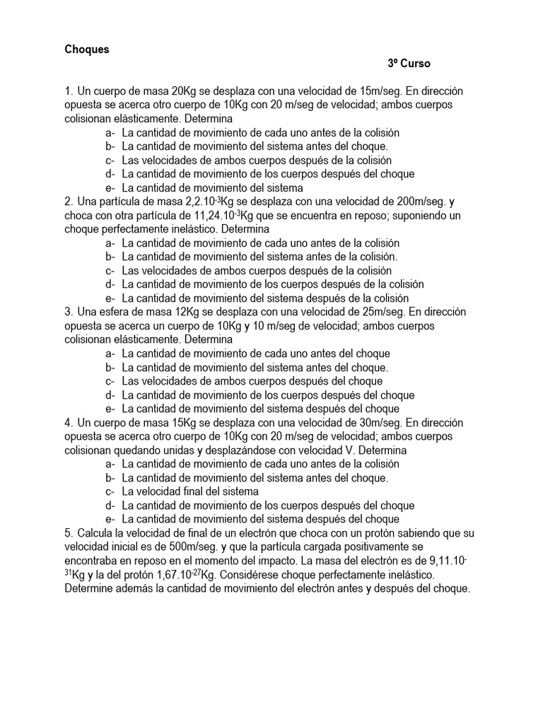 Choques Elásticos e Inelásticos. Ejercicios | PDF | Masa | Impulso