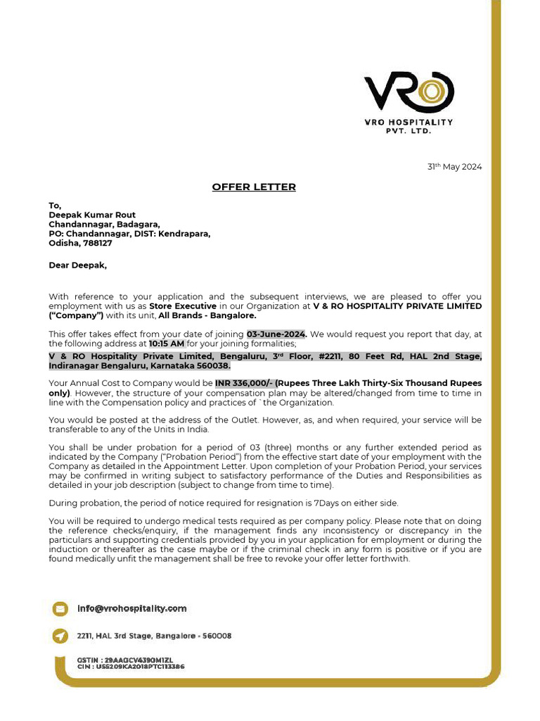 Offer Letter of Deepak Kumar Rout | PDF | Employment