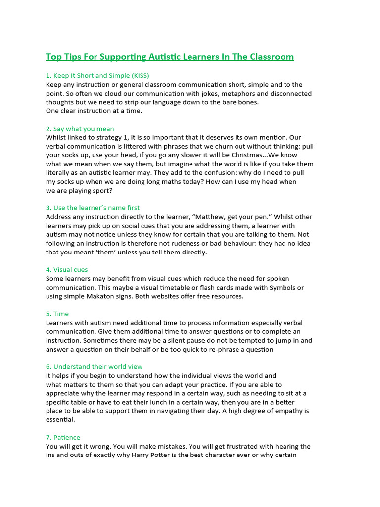 Top Tips For Autism Learners | PDF | Autism Spectrum | Learning