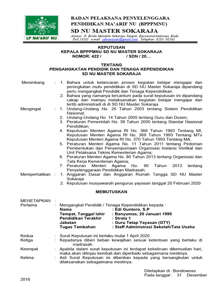 Contoh SK Pengangkatan Pendidik Dan Tenaga Kependidikan Revisi | PDF