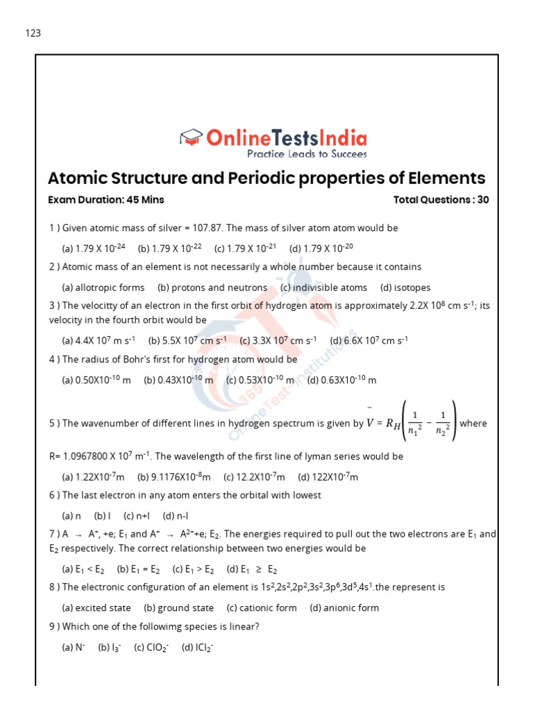 Atomic Structure and Periodic Properties of Elements: Total Questions ...