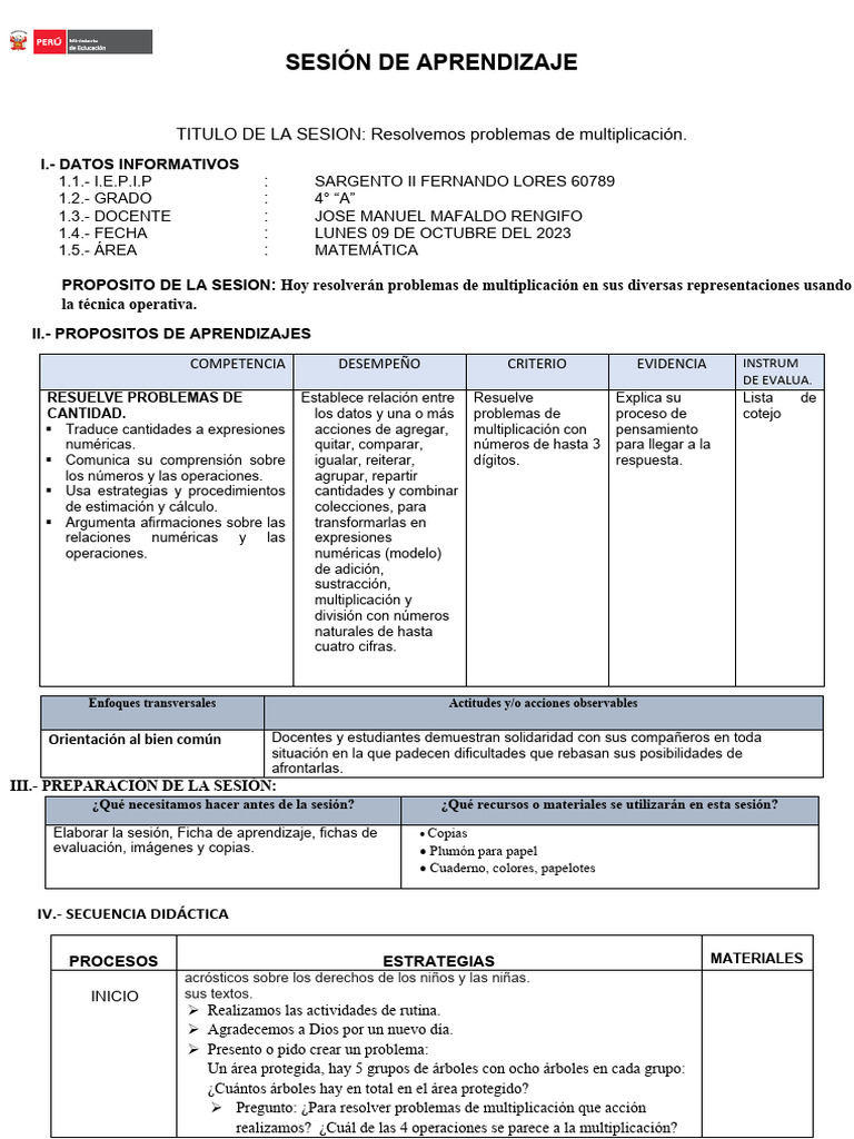 SESION DE MATEMATICA 4to grado | PDF