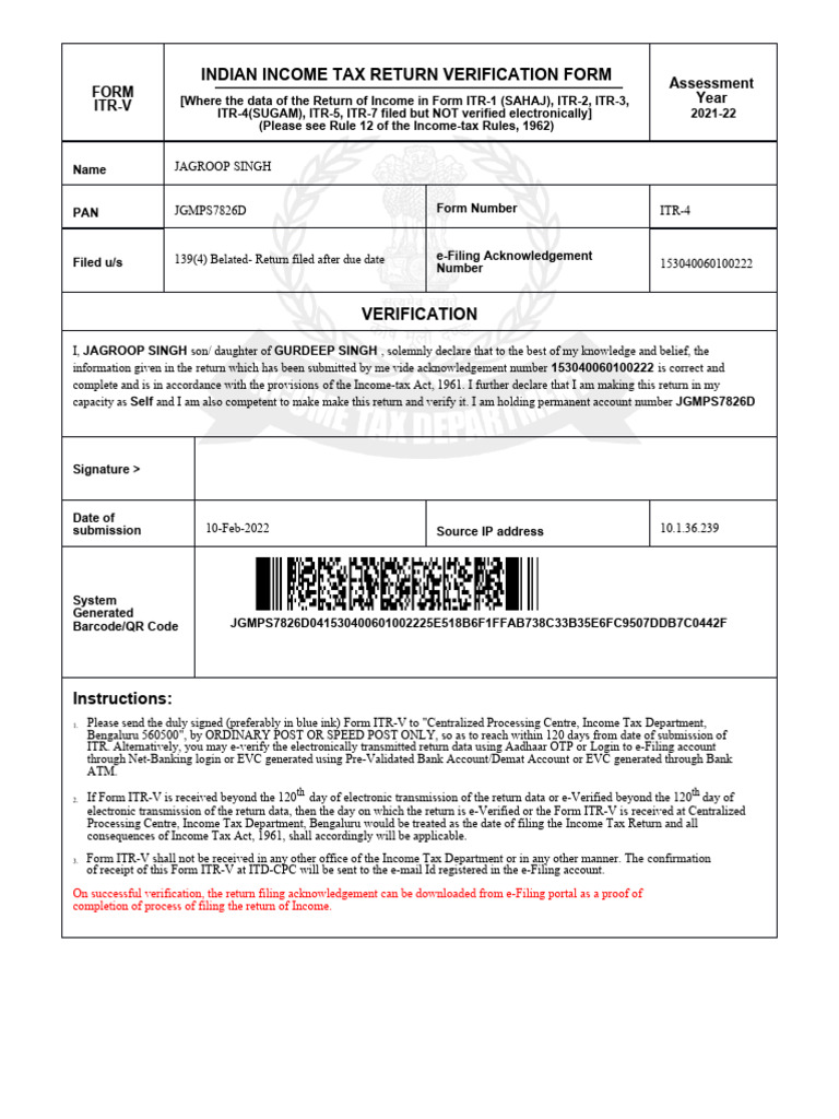 Indian Income Tax Return Verification Form: Form Itr-V Assessment Year ...
