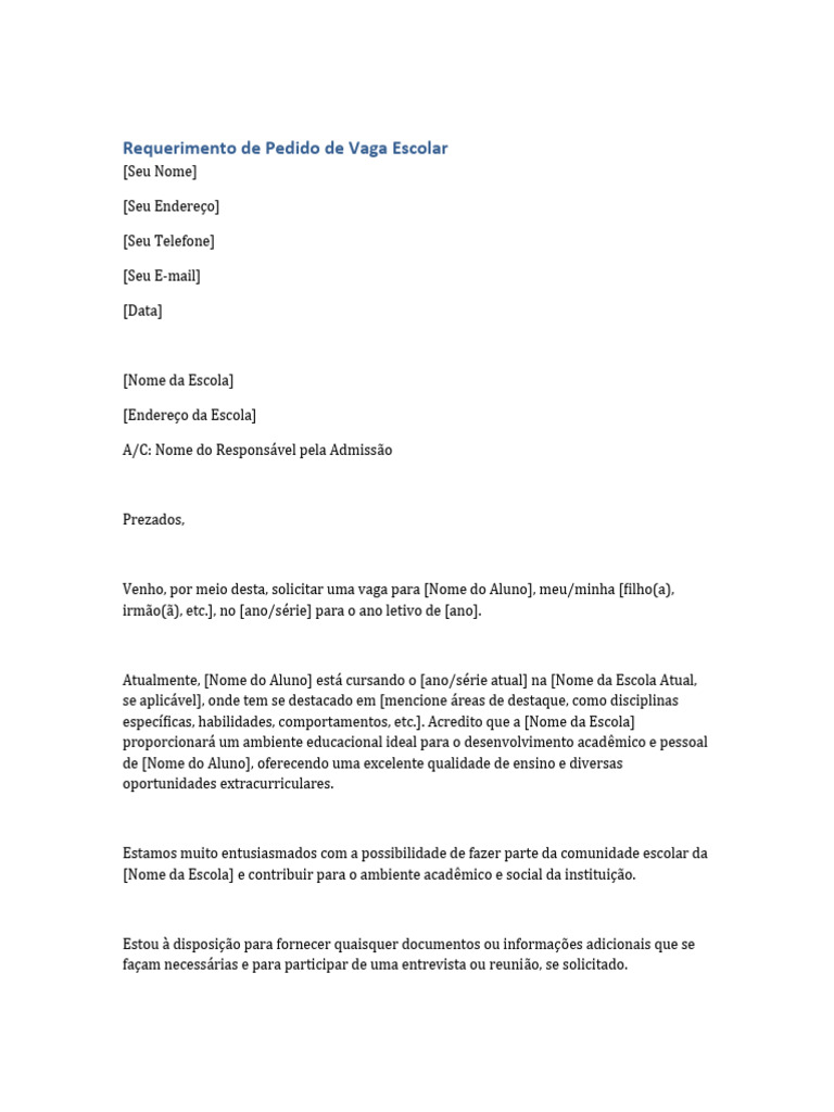 Requerimento de Pedido de Vaga Escolar | PDF