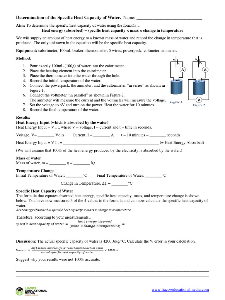 Determination of The Specific Heat Capacity of Water Liacos Educational ...