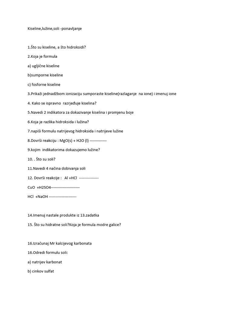 Kiseline, Lužine, Soli Ponavljanje | PDF