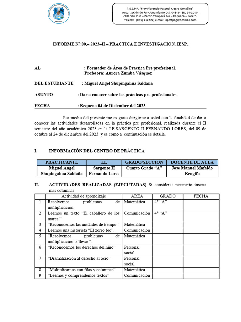 Formato Informe .Prac. Primaria Vii-1 | PDF | Salón de clases | Maestros