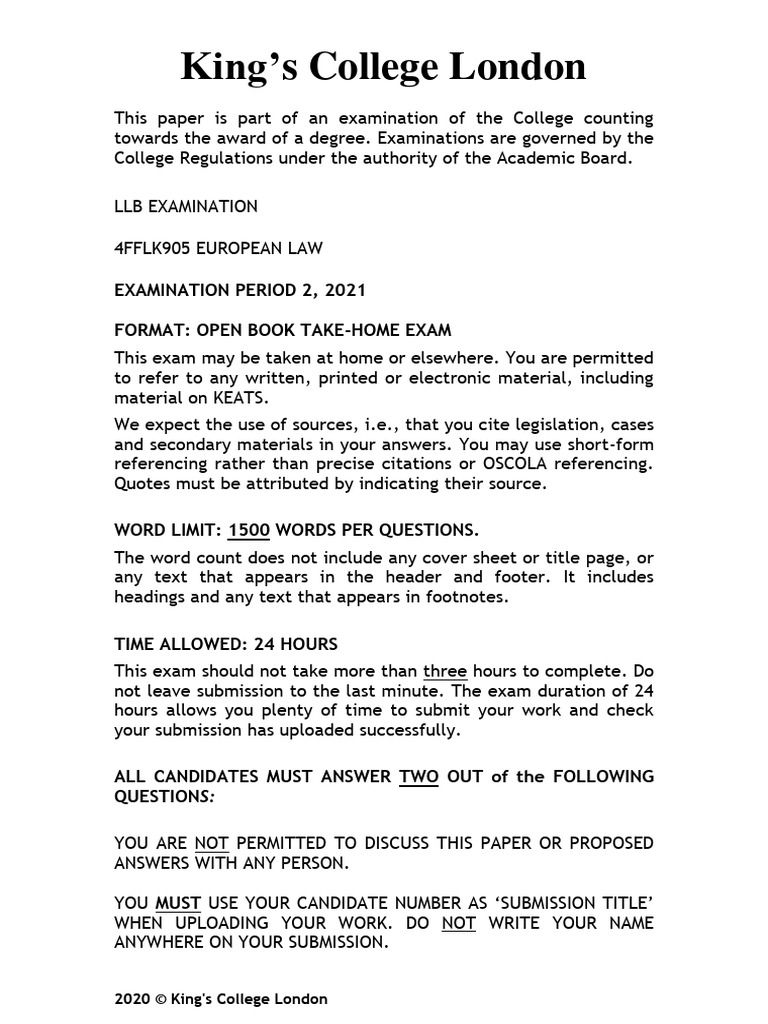 4FFLK905 4AAOB105 Exam Paper - 2020-21 | PDF | European Union Law