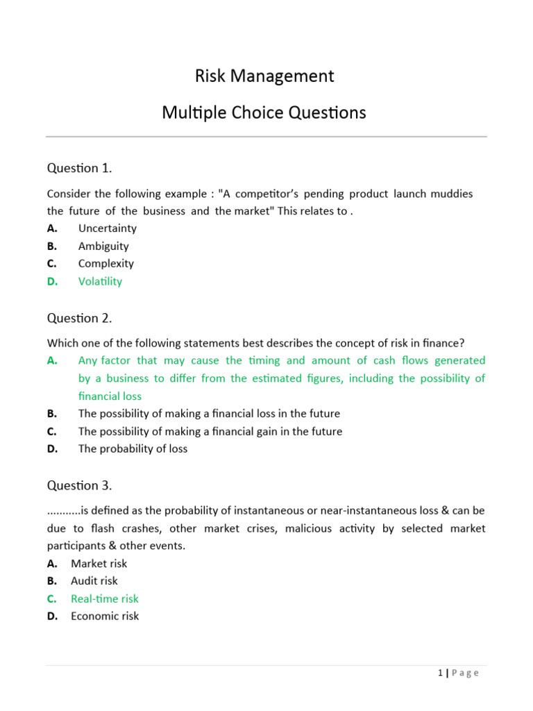 MCQ Risk | PDF | Financial Risk | Risk