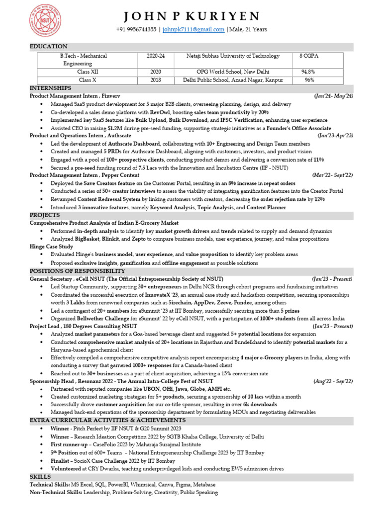 John P Kuriyen NSUT Resume | PDF | Business | Economies