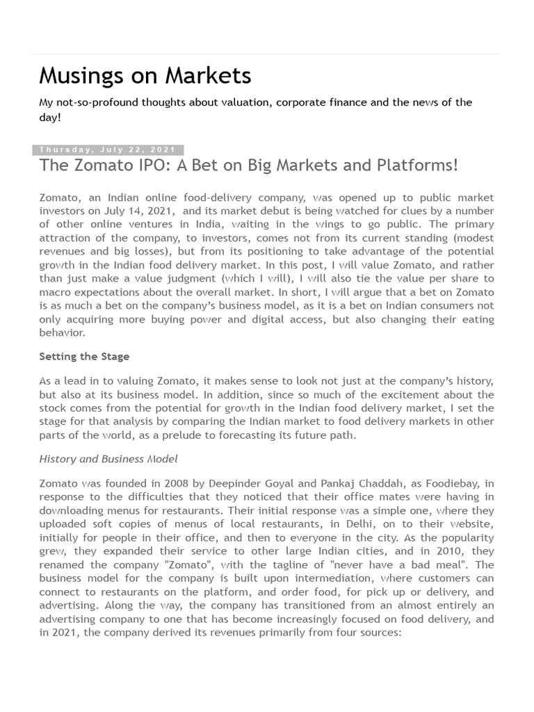 Zomato IPO: Valuation and Market Analysis | PDF | Valuation (Finance ...