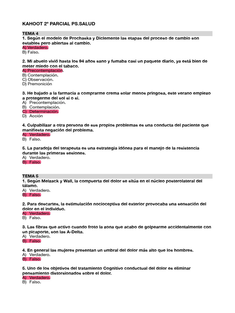 Corregido. Kahoot 2º Pacial Ps. Salud | PDF | Placebo | Dolor