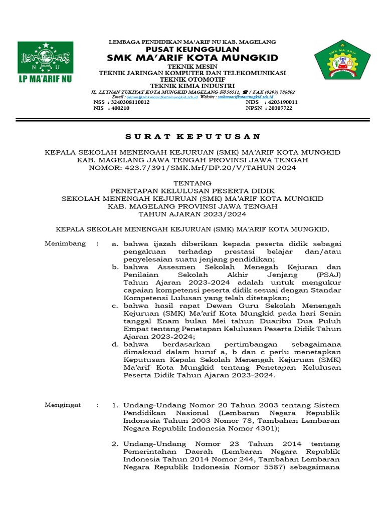 SK Penetapan Kelulusan 2023-2024 | PDF