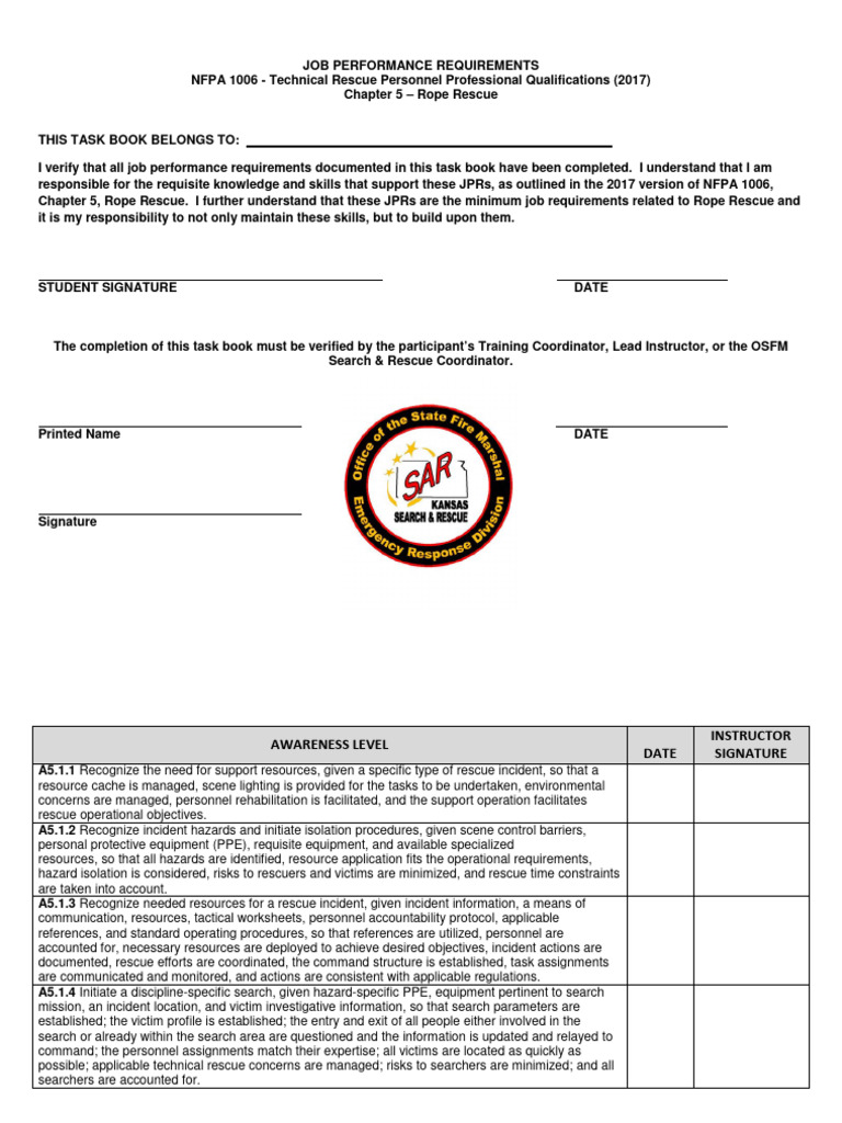 2017 NFPA 1006 Chapter 5 Rope Rescue Job Performance Requirements PDF ...