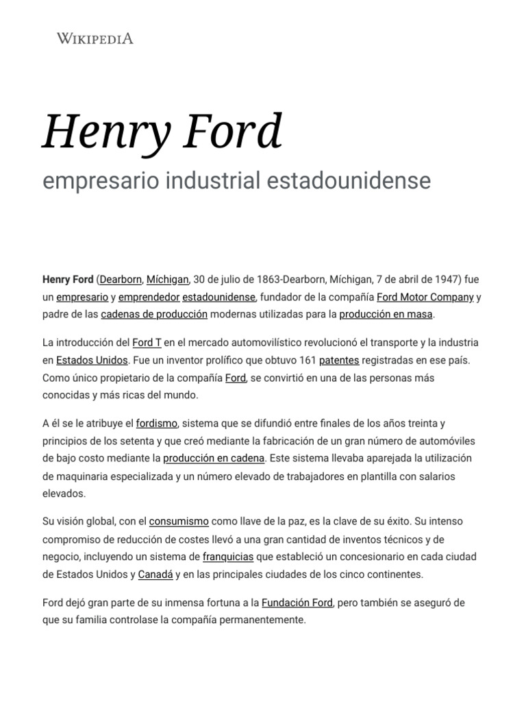 Henry Ford - Wikipedia, la enciclopedia libre | Descargar gratis PDF ...