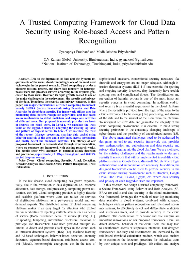A Trusted Computing Framework For Cloud Data Security Using Role Based Access and Pattern ...
