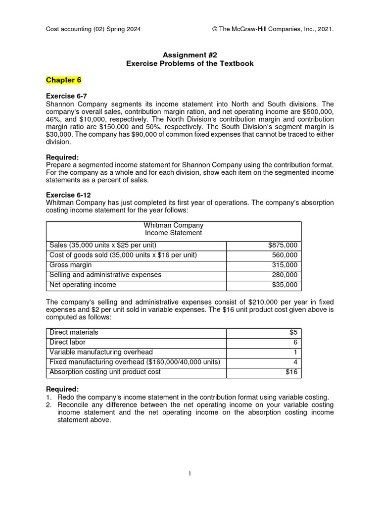 Assignment (2) - Problem Set-1 | PDF | Cost Accounting | Income Statement