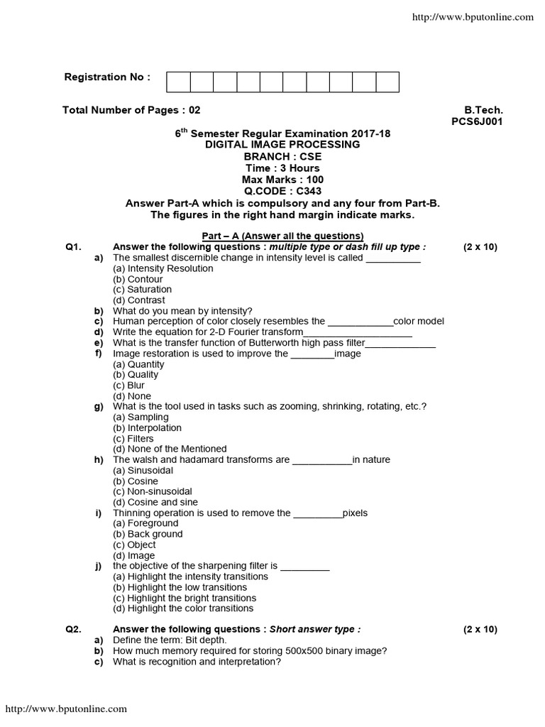 Btech Cse 6 Sem Digital Image Processing pcs6j001 2018 | PDF | Signal Processing | Computer Vision