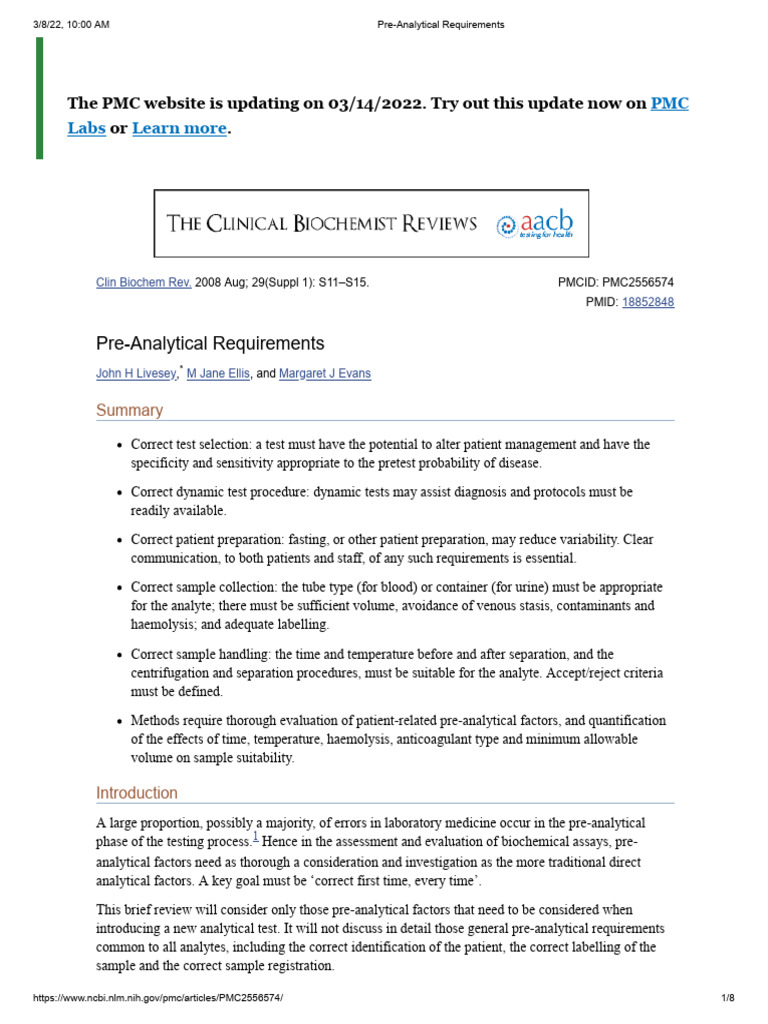 Pre-Analytical Requirements in Lab Testing | PDF | Blood Plasma ...