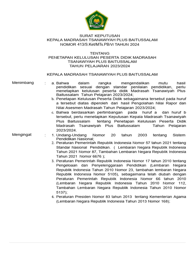 SK Kelulusan MTs Plus Baitussalam 2024 | PDF