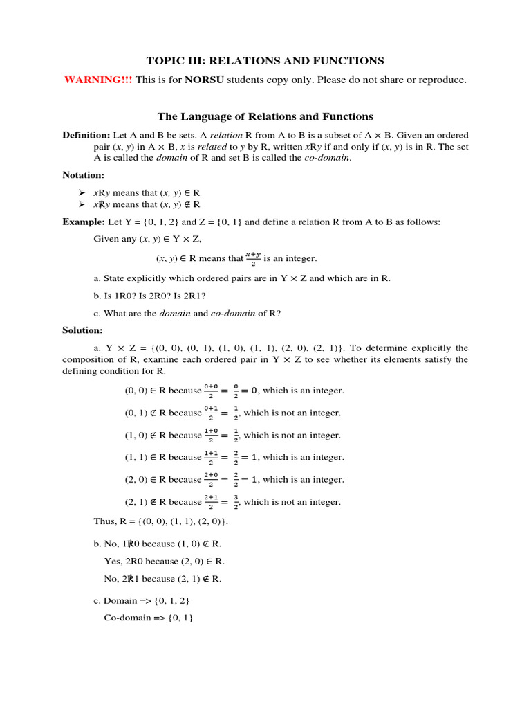III. Relations and Functions | PDF | Function (Mathematics) | Set ...