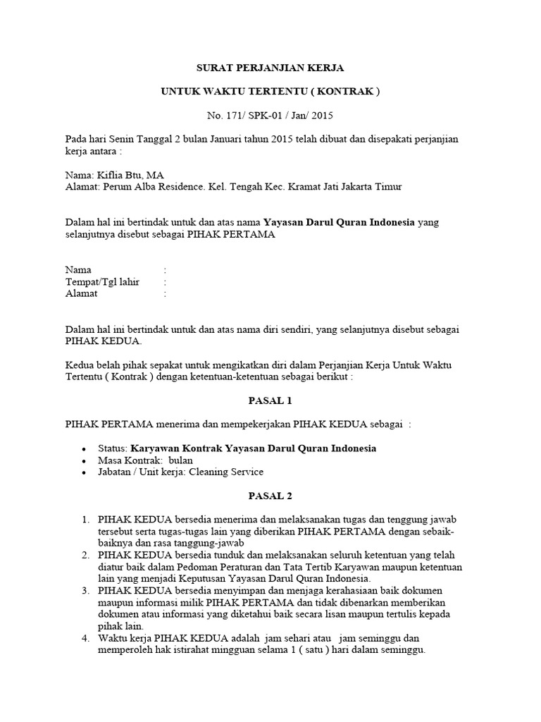 Contoh Format Surat Perjanjian Kontrak Kerja Untuk Waktu Tertentu | PDF