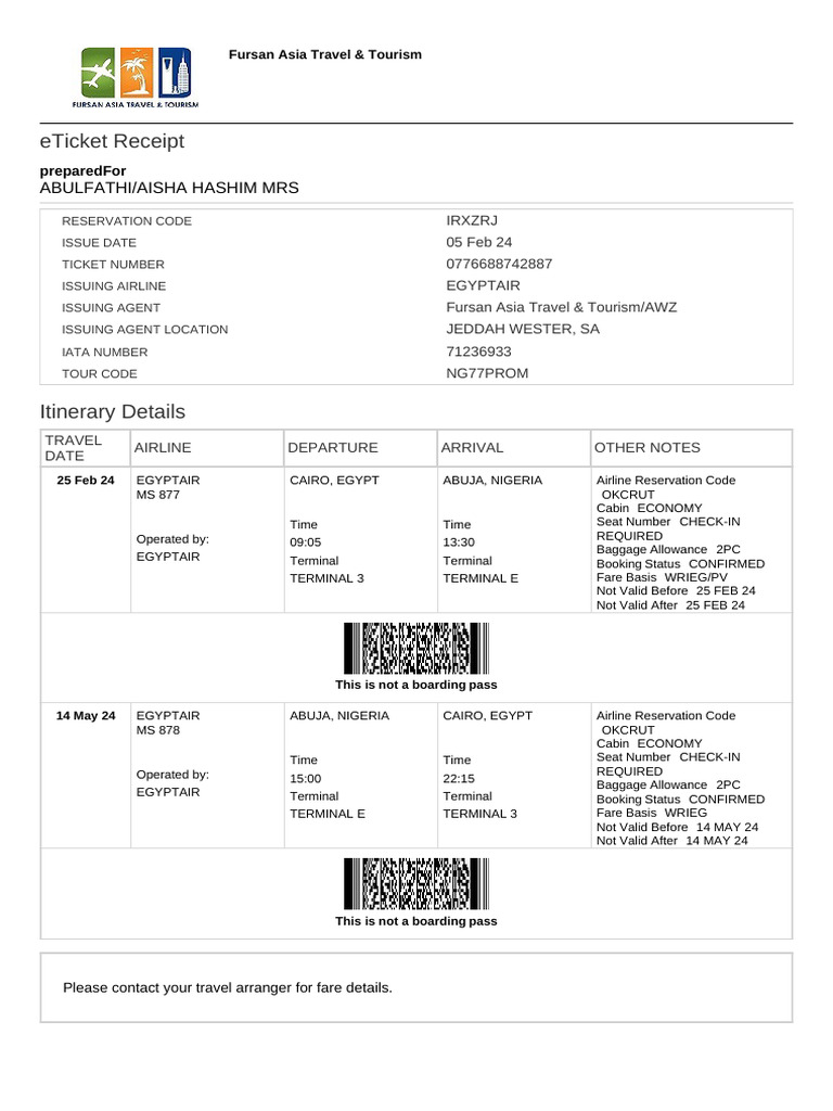 Electronic Ticket Receipt, February 25 For ABULFATHI AISHA HASHIM MRS | PDF