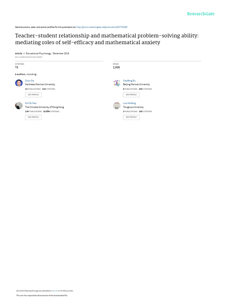 Teacher-Student Relationship and Mathematical Problem-Solving Ability: Mediating Roles of Self ...