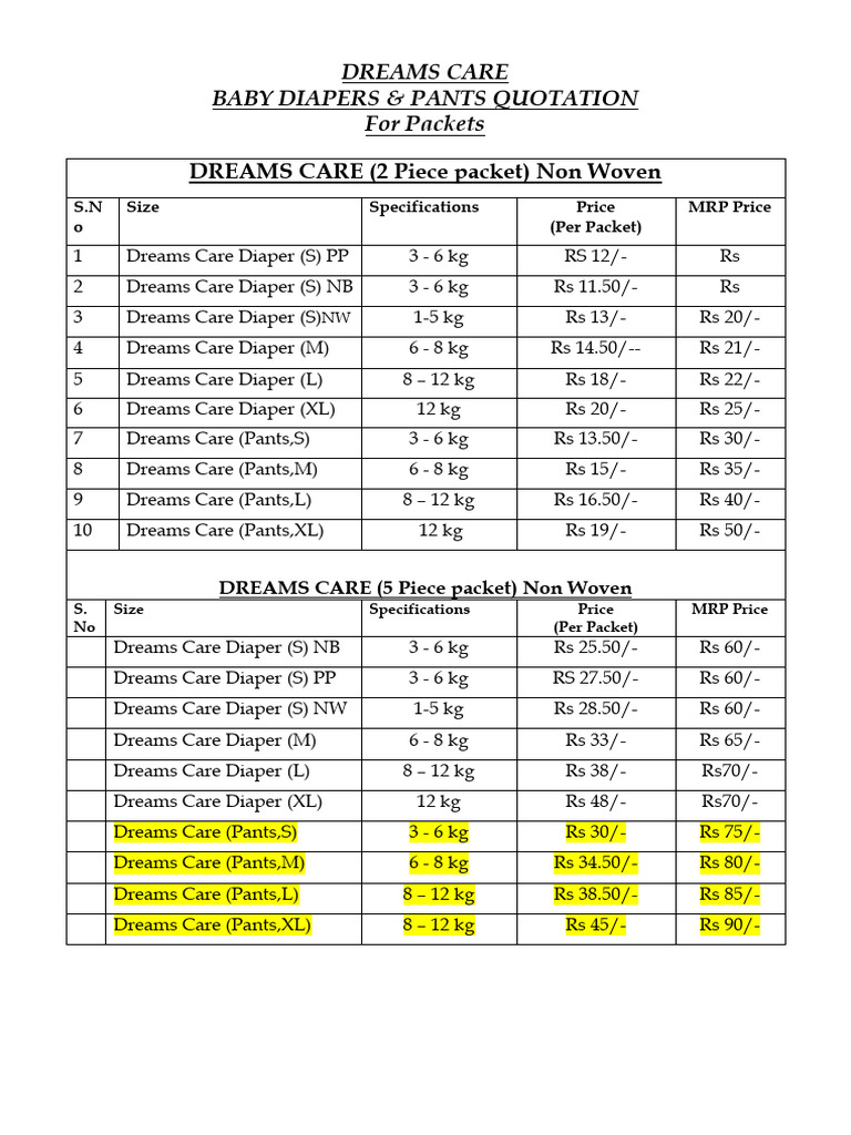 Baby Diapers Price List & Quotation | PDF | Diaper