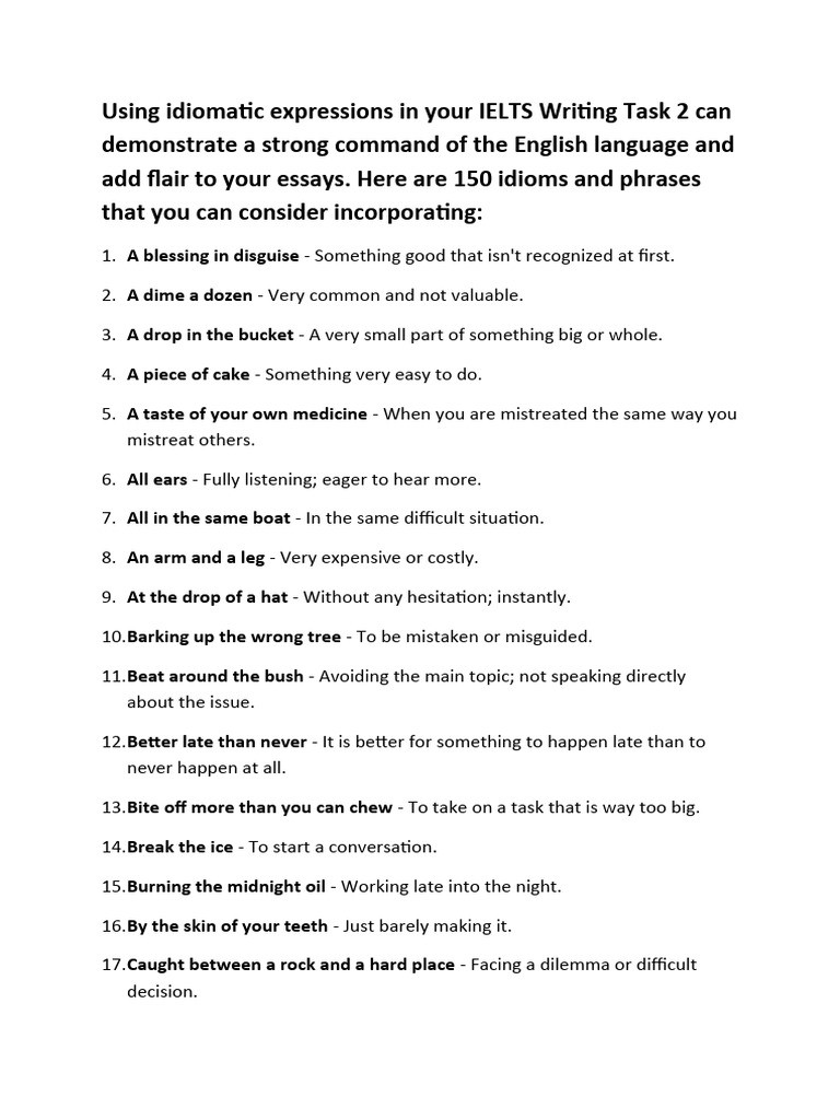 150 Idioms and Phrases For IELTS Writing Task 2 Section | PDF | Idiom