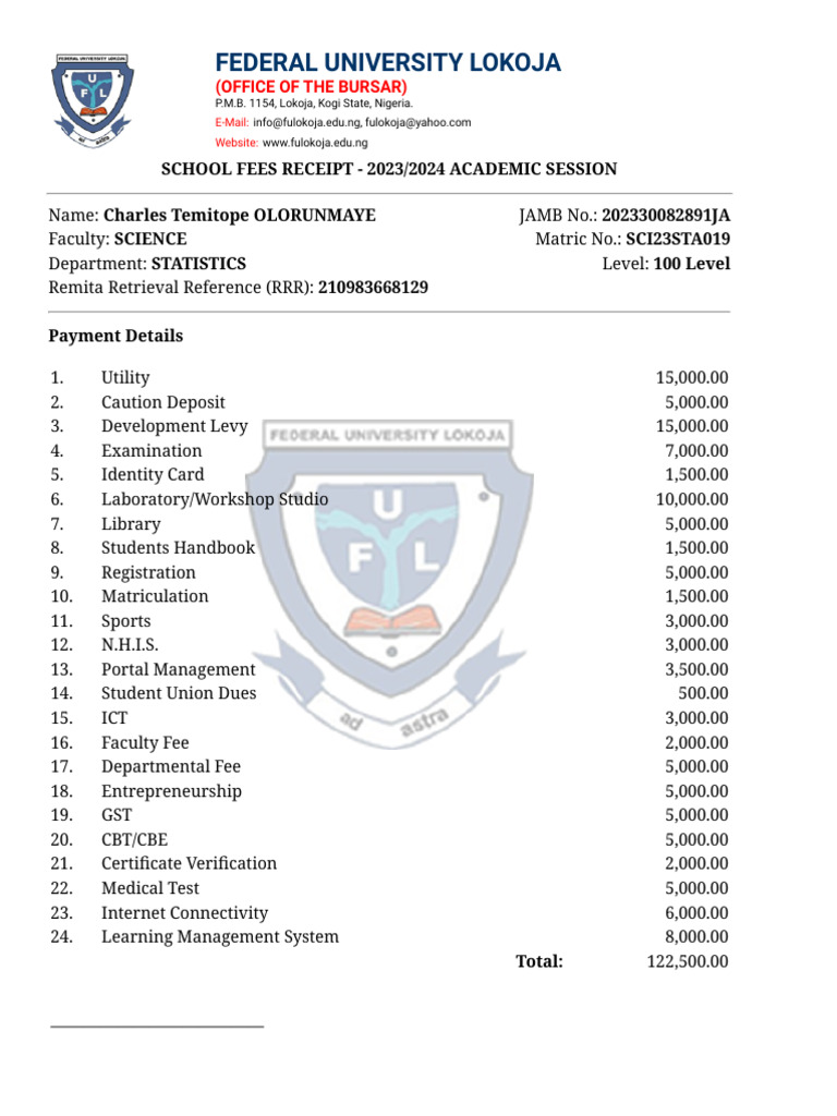 SCI23STA019_School Fees Receipt | PDF