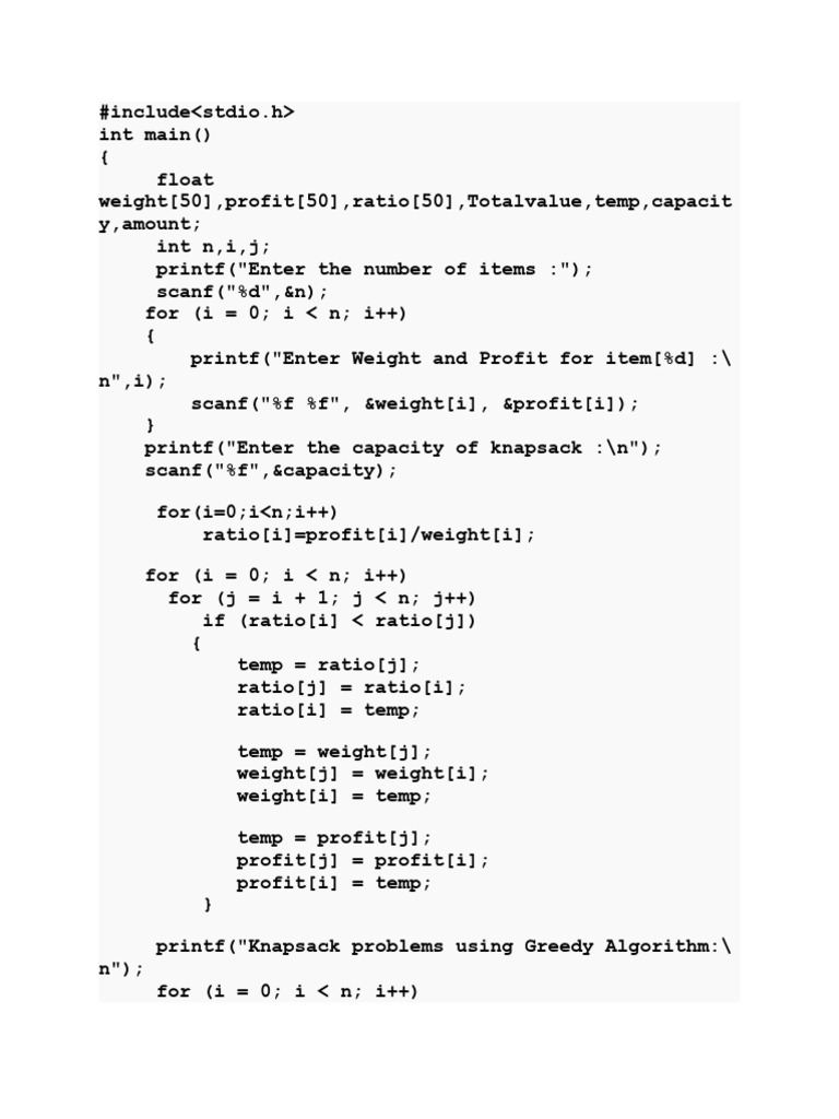 Greedy Knapsack Problem in C | PDF | Teaching Methods & Materials ...