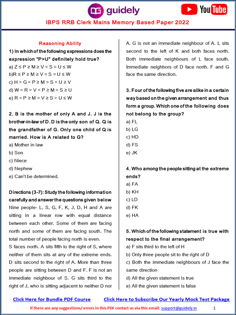 RRB Clerk Reasoning Mains | PDF | Mathematics