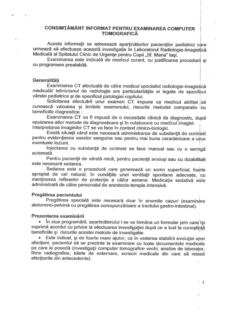 Consimtamant Informat Pentru Examinarea Computer Tomografica 2022 | PDF