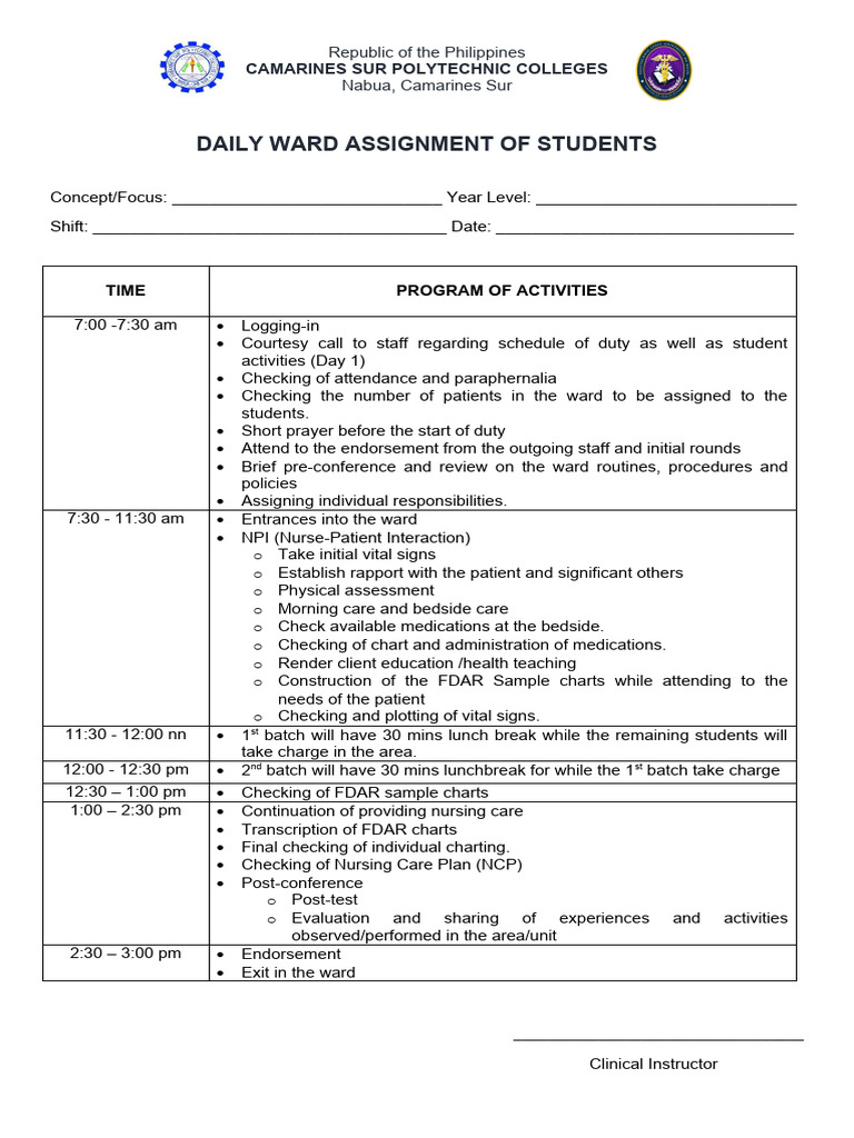 Daily Nursing Ward Assignment Plan | PDF | Nursing | Medical Specialties