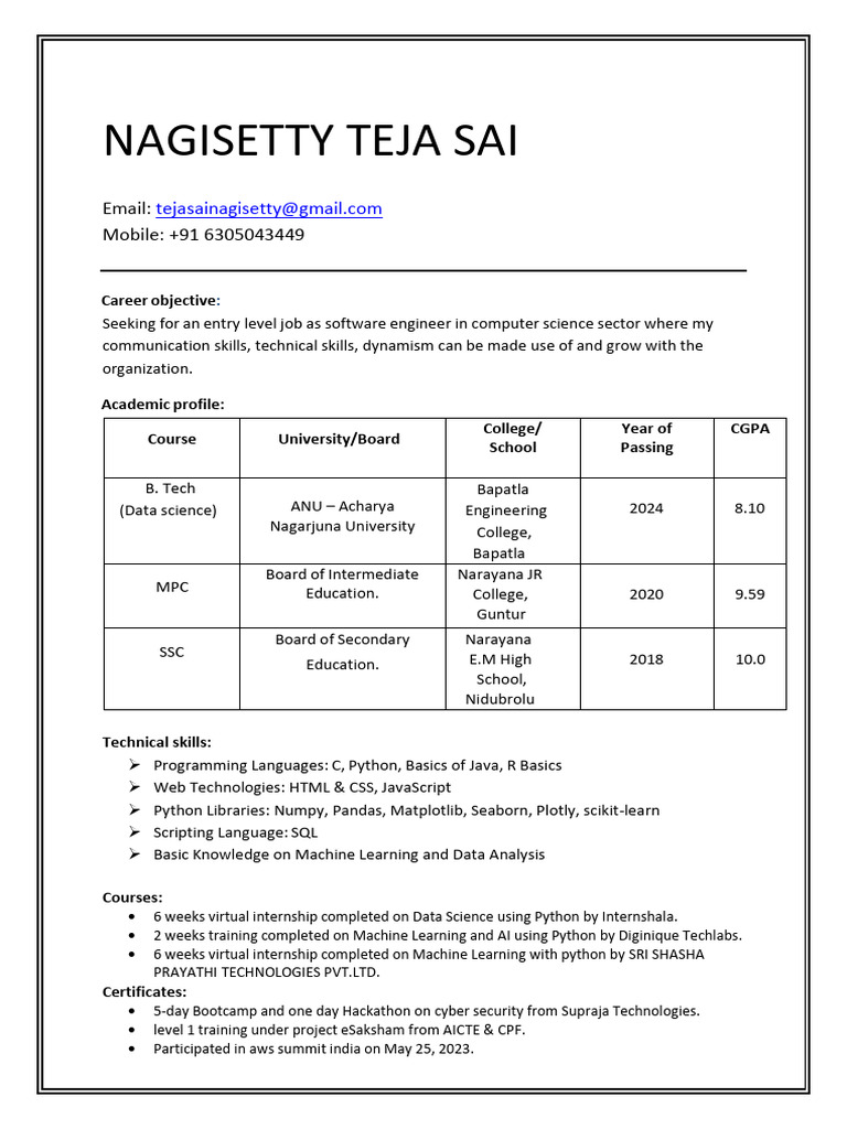 Tejasai Resume | Download Free PDF | Machine Learning | Python (Programming Language)