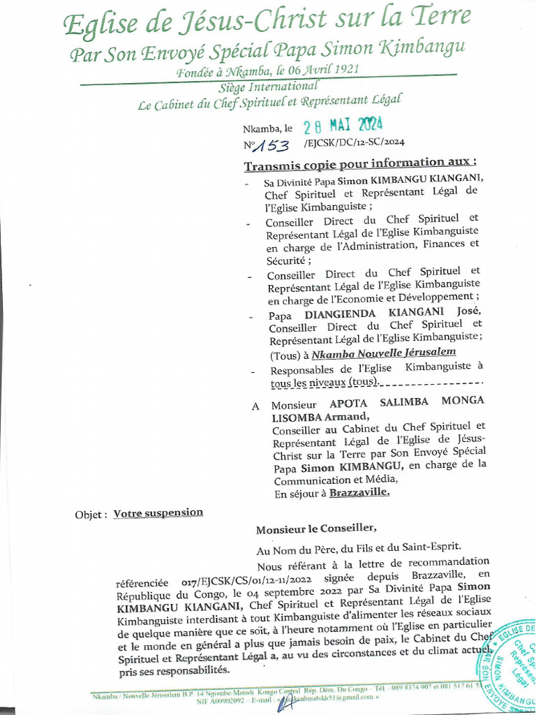 Suspension de Monsieur Apo Salimba Au Cabinet Du Chef Spirituel | PDF